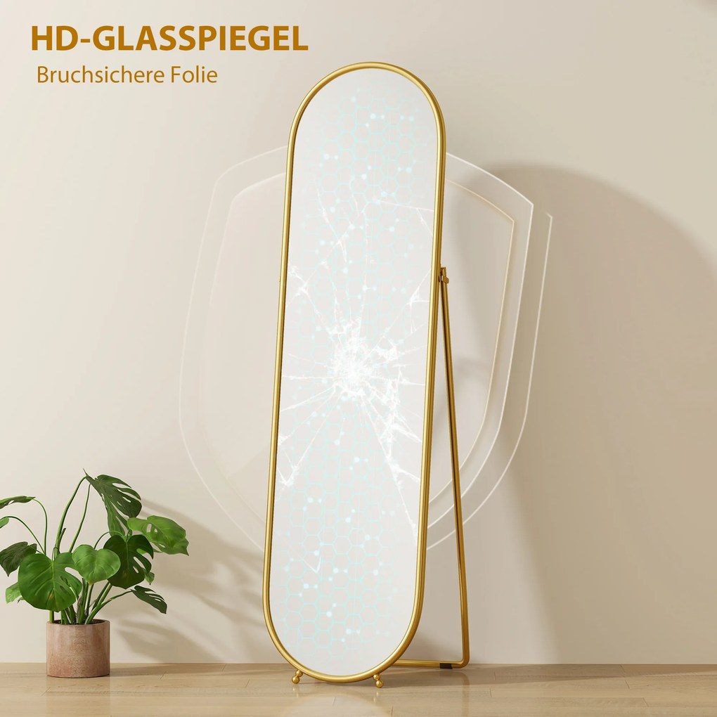 HOMCOM oválné celoformátové volně stojící zrcadlo, 50 × 180 cm — nerozbitné sklo, kovový rám a stojan, zlaté — do ložnice, obýváku, předsíně