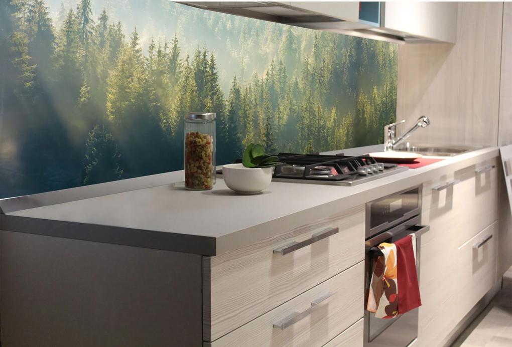 DIMEX | Fototapeta do kuchyně Zamlžený les KI-180-194 | 180 x 60 cm | zelená, černá, šedá