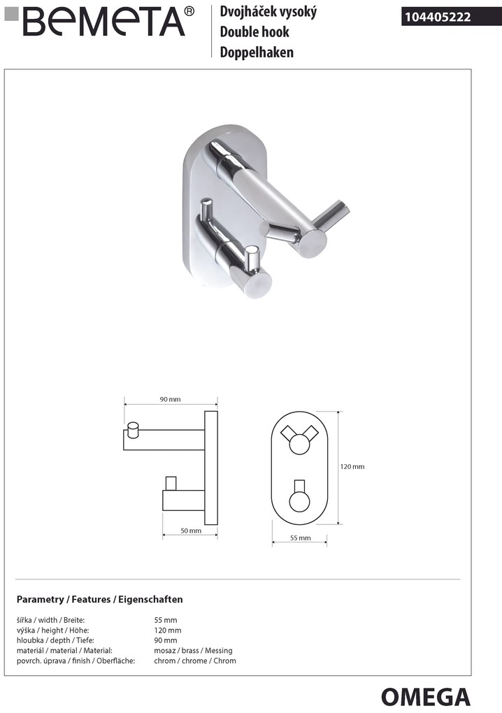 Bemeta Design OMEGA: Věšák, se 2 háčky - 104405222