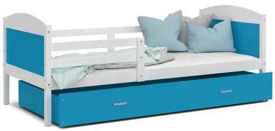 Dětská postel MATYAS P 90x200 cm s bílou konstrukcí v modré barvě se šuplíkem.