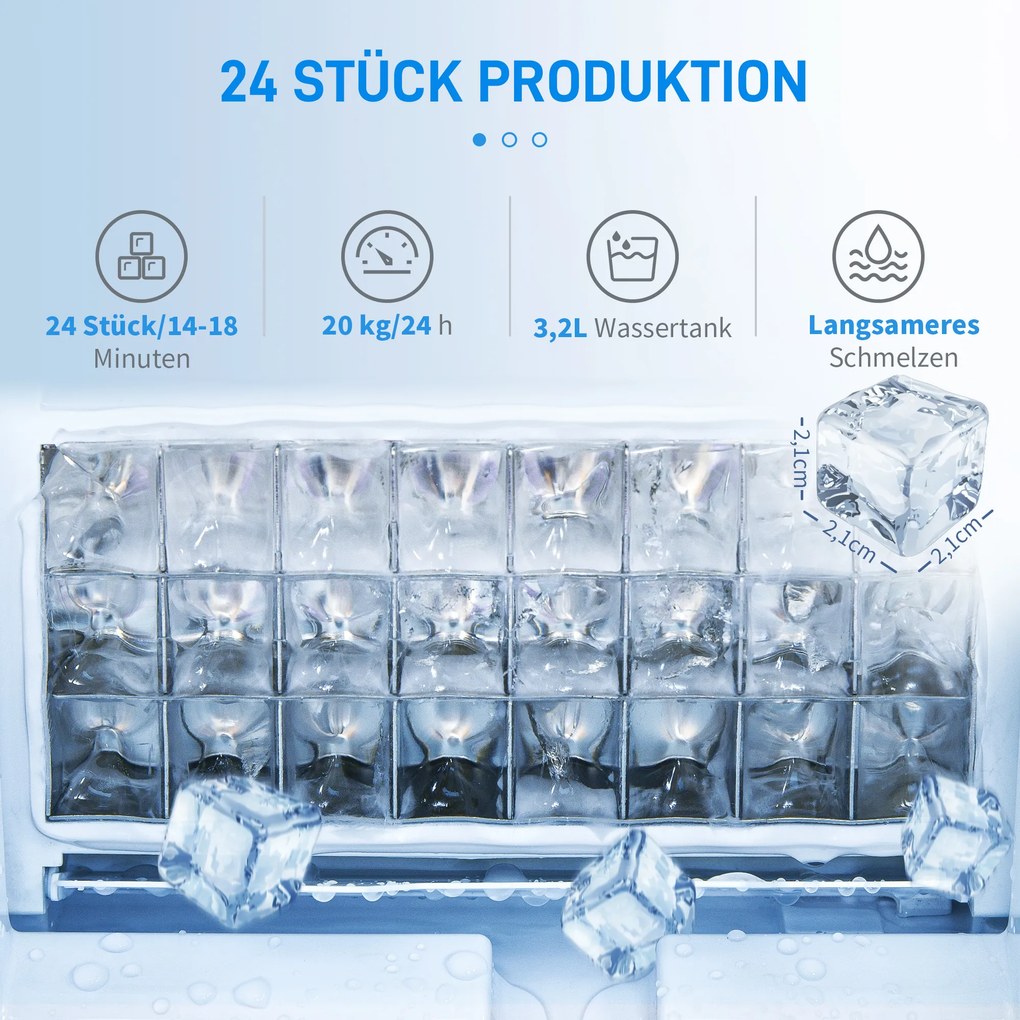 HOMCOM Výrobník kostek ledu, 20 kg/24h 2,3 l, s nádržkou na vodu 3,2 l, automatický čisticí program, nerezová ocel, 25,2 x 36 x 37,1 cm, stříbrná| Ao…