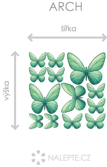 Motýli světle zelení 13 ks textilní přelepitelné samolepky na zeď arch 30 x 30 cm
