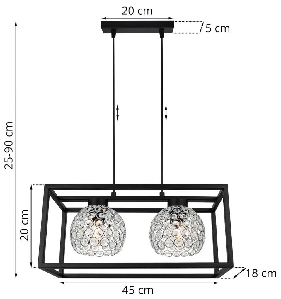 Závěsné svítidlo CRYSTAL CAGE, 2x stříbrné křišťálové stínítko v kovovém rámu