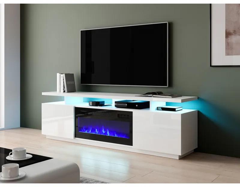 TV skříňka Aniceto s krbem, Osvětlení: osvětlení LED, Barva: bílá / bílá lesk, Krb: bílý