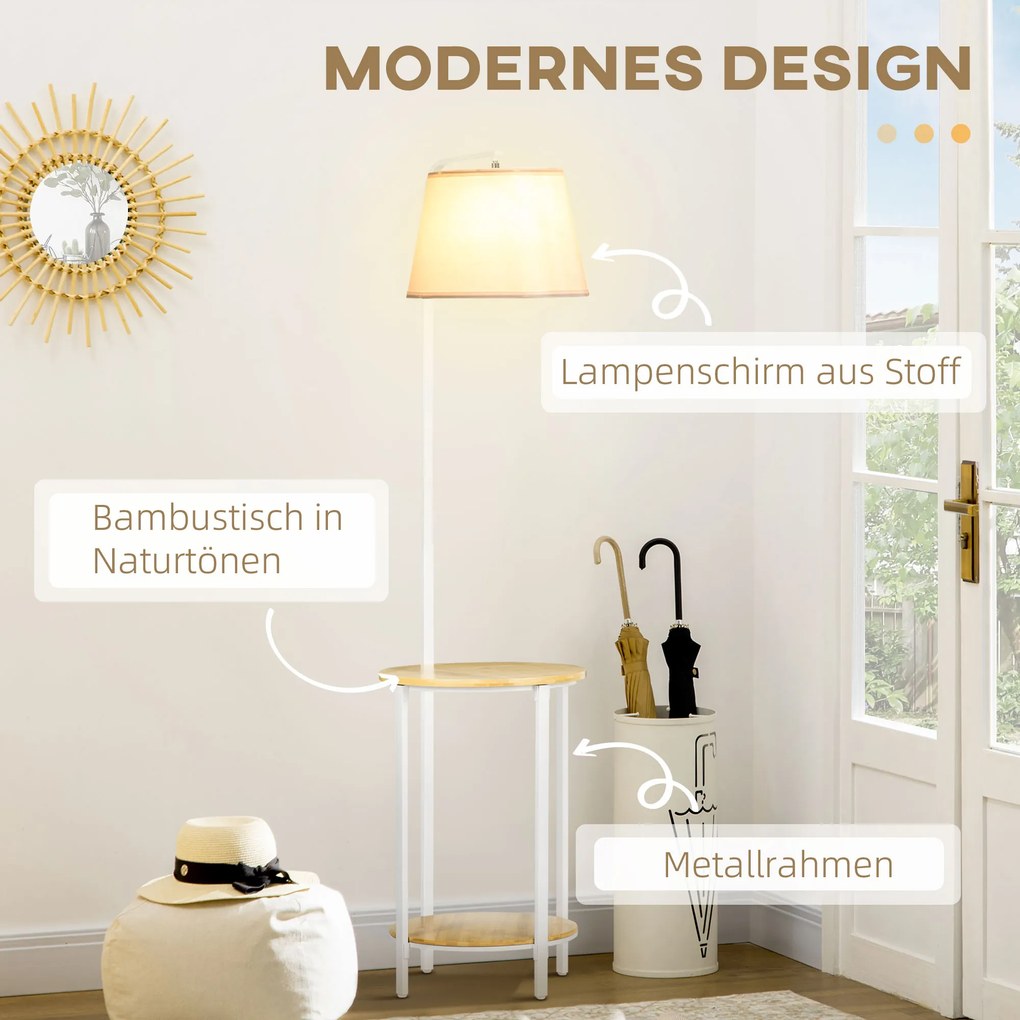 HOMCOM Stojací lampa 162 cm 40 W Stojací lampa se 2 policemi a plátěným stínidlem z bílého kovu do obývacího pokoje a ložnice