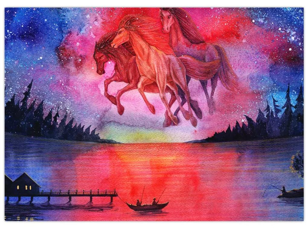 Skleněný obraz - Zjevení vesmírných koňů nad jezerem, aquarel (70x50 cm)