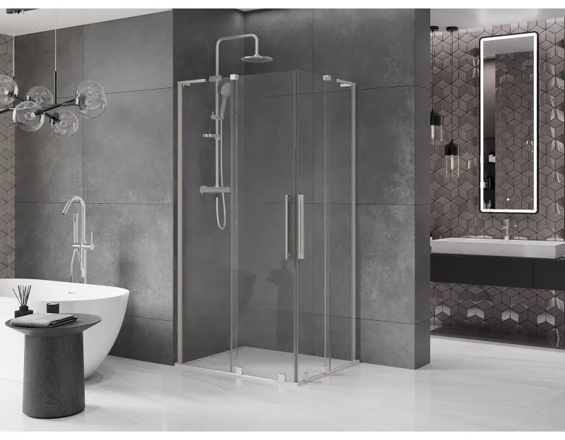 Mexen Velar L Duo, sprchový kout s posuvnými dveřmi 90 x 80 cm, 8mm čiré sklo, broušená ocel, 871-090-080-02-03-97