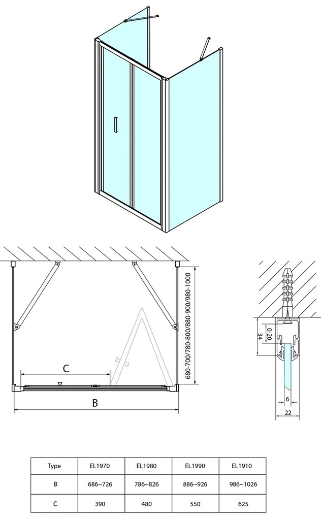 Polysan Polysan, EASY sprchový kout tři stěny 800x1000mm, skládací dveře, L/P varianta, čiré sklo, EL1980EL3415EL3415