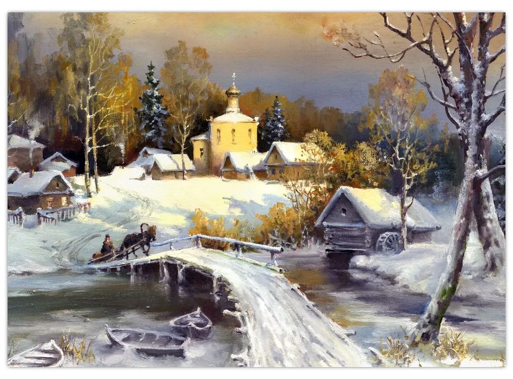 Skleněný obraz - Zimní městečko (70x50 cm)