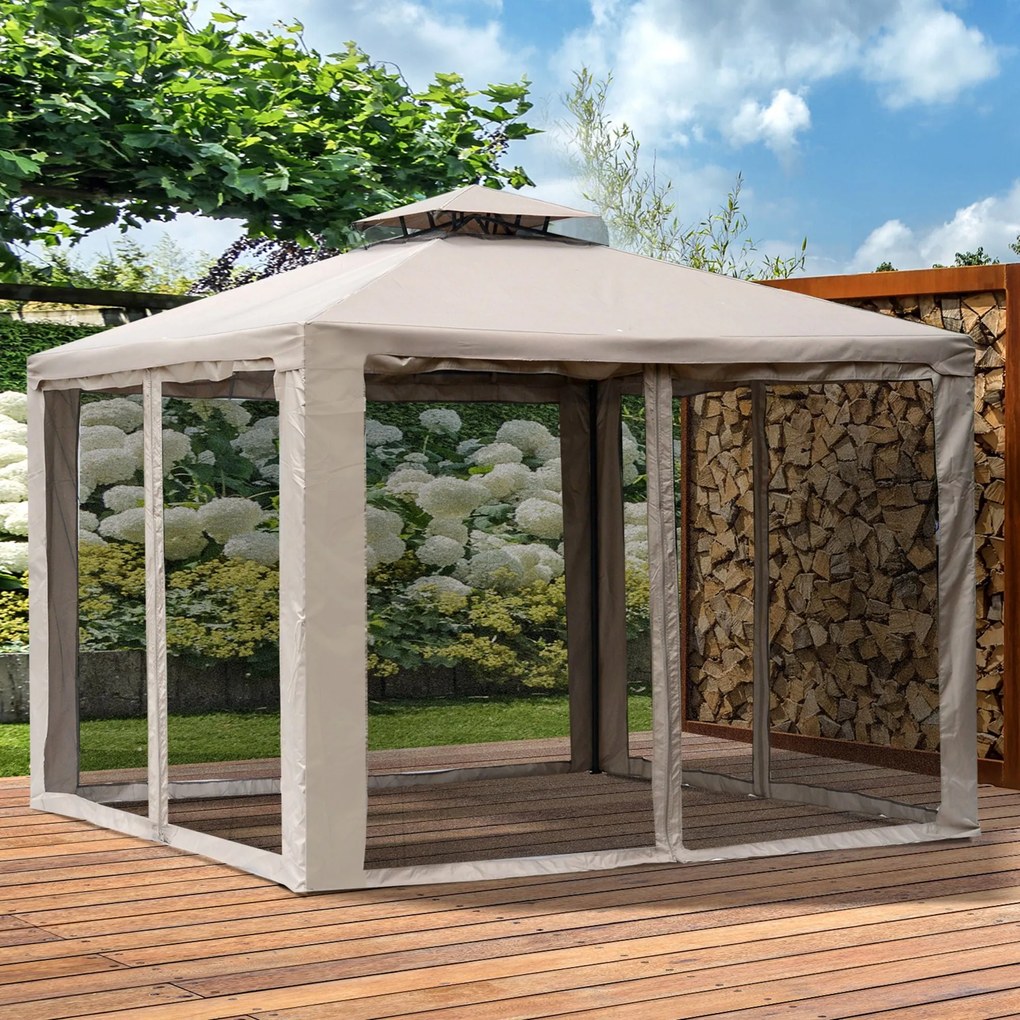 Pavilon Outsunny s dvojnásobnou střechou, přibližně 3x3 m, voděodolný, stabilní, zimní zahradní pavilon s moskytiérou, bočními panely, kovový zahradní