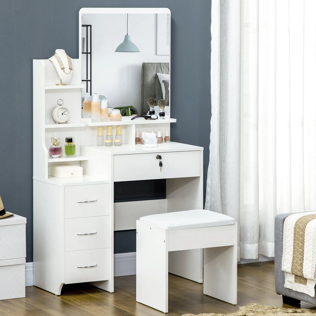 HOMCOM Toaletní stolek s taburetem a zrcadlem, toaletní stůl se 4 zásuvkami, 4 úložnými prostory, moderní styl, 80x38x143 cm Bílá
