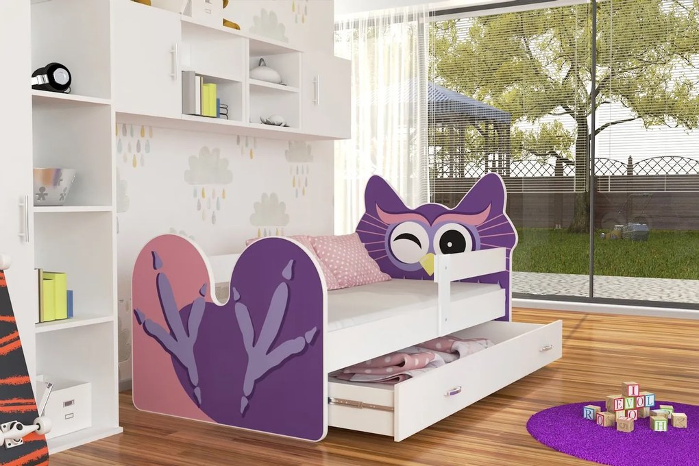 Svět pokojů Dětská postel zvířátko se šuplíkem - sovička fialová Rozměr: 140x80 cm, Matrace: Ne