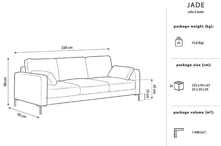 Třímístná pohovka jade 220 cm samet červená MUZZA
