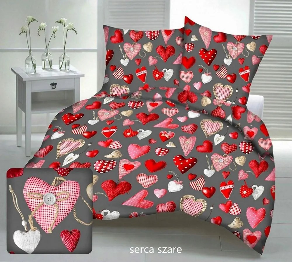 Povlečení z kůry 160x200, šedá, tmavě červená, srdce Valentýna na knoflíky