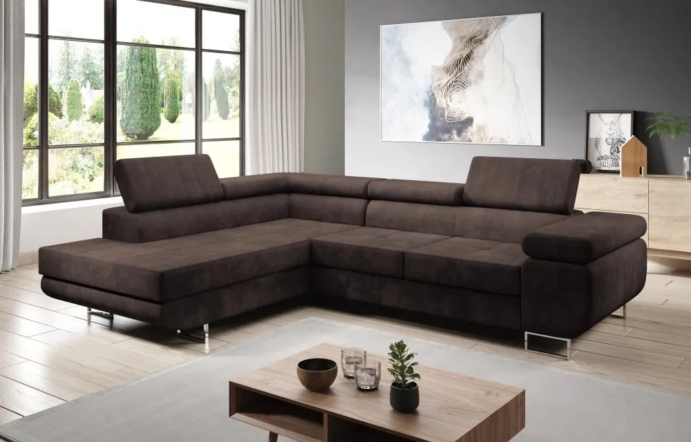 Rozkládací rohová sedačka ALBERTO DELUXE levý roh hnědá