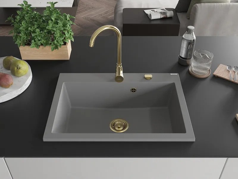 Mexen Elix, 1-korový granitový dřez 700 x 500 mm, šedá, zlatý sifon, 6526701005-71-G
