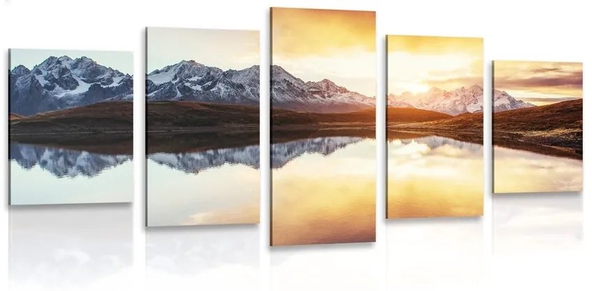 5-dílný obraz oslnivý západ slunce nad horským jezerem - 200x100 cm