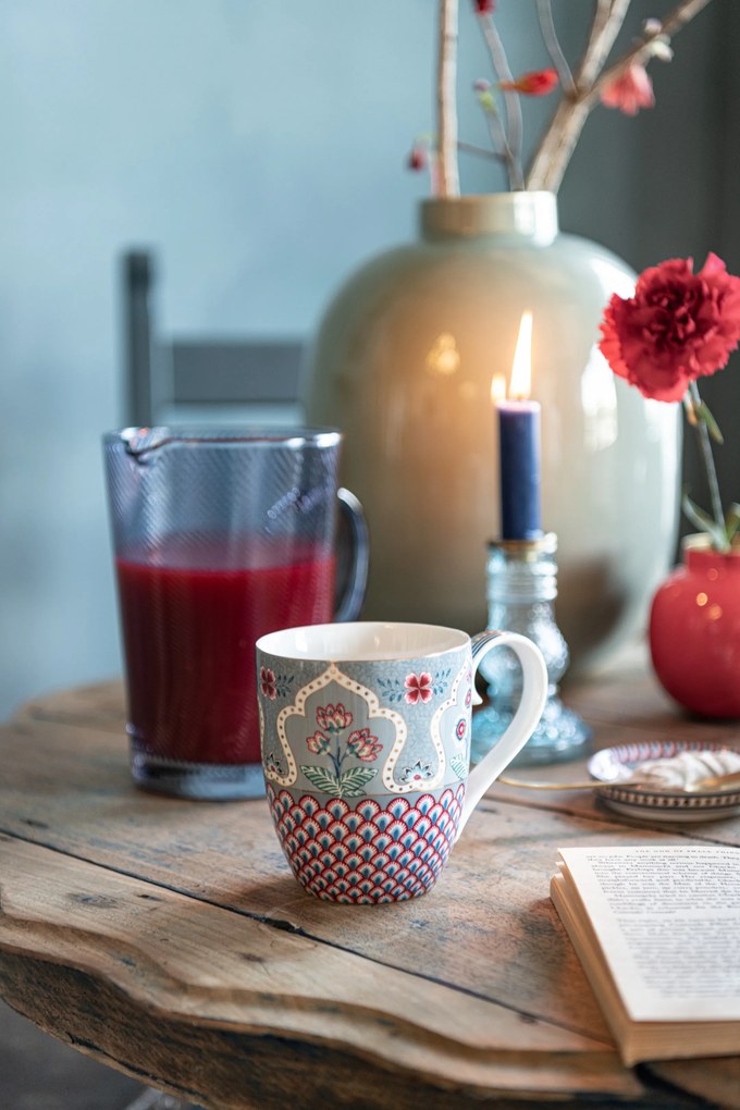 Pip Studio Flower Festival hrnek XL 440ml, červeno-modrý (hrnek z tenkostěnného porcelánu)