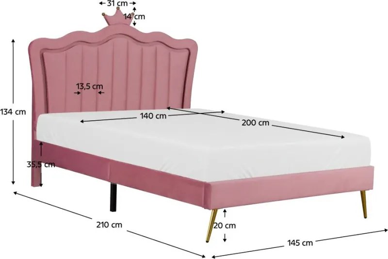 Postel s roštem, 140x200, růžová Velvet látka, RANIA Kondela 0000413722