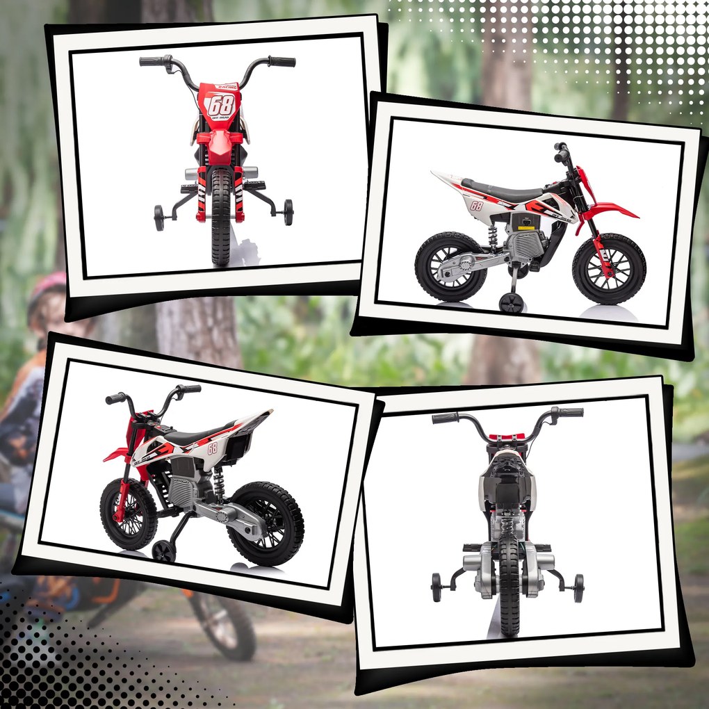 Dětská elektrická motocross motorka AIYAPLAY pro děti 3-6 let, 12V, 2 silné motory, maximální rychlost 5 km/h, stabilizační kolečka, pérování, s hudb…