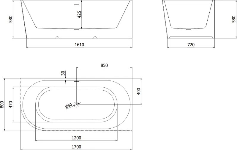 Mexen Silo, rohová volně stojící rýhovaná vana, pravá, 170 x 80 cm, bílá-černá, bílý přepad, 52891708075P-20