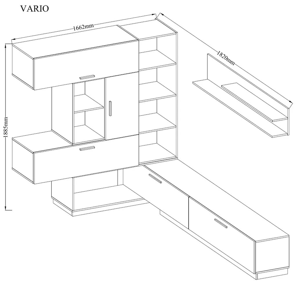 Rohová obývací stěna Varese, dub lancelot/bílý lesk