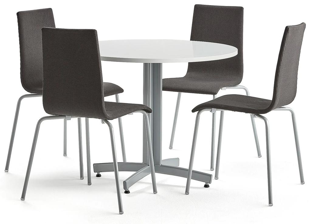 AJ Produkty Sestava SANNA + MELVILLE, stůl Ø900 mm, bílá + 4 židle, tmavě šedá