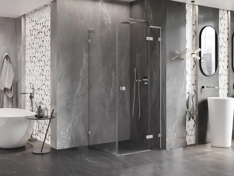 Mexen Lunar, L výklopný sprchový kout pravý 90 x 90 cm, 8mm čiré sklo, ocelový profil, 834L-090-090-97-00-P