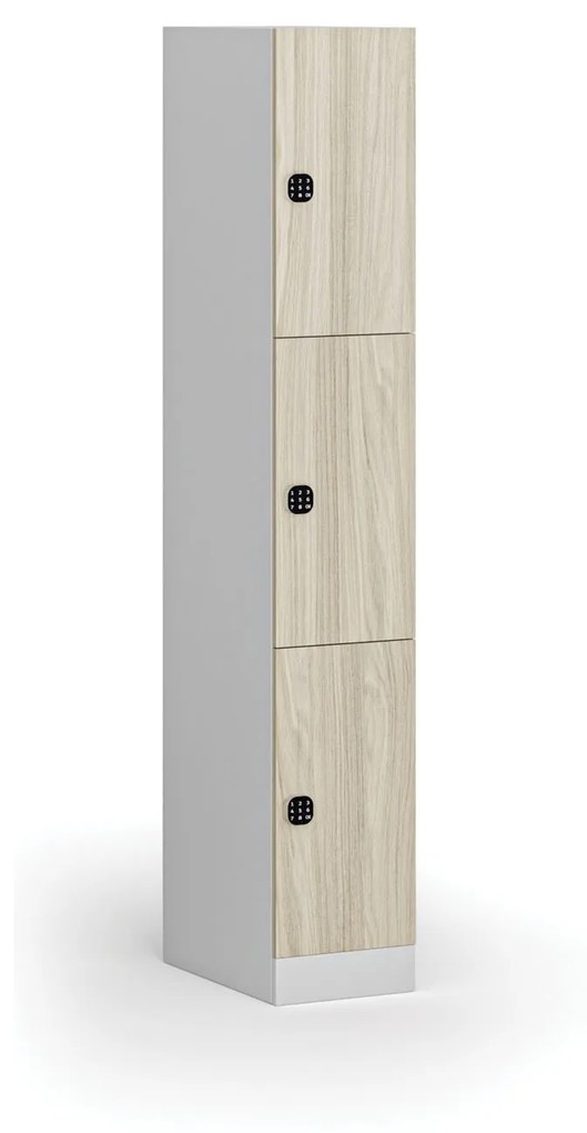 Šatní skříňka s úložnými boxy, 3 boxy, 1850 x 300 x 500 mm, kódový zámek, laminované dveře, dub přírodní