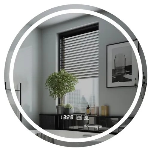 Kulaté LED zrcadlo 70 cm s odmlžováním a hodinami
