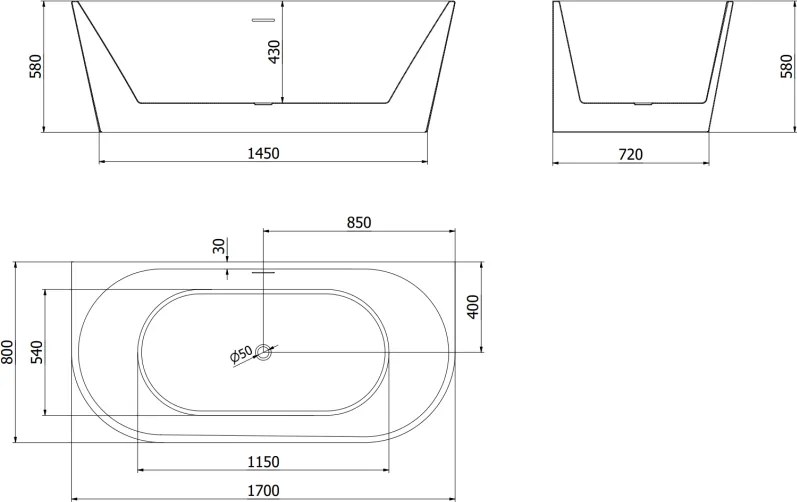 Mexen Oval, volně stojící nástěnná vana 170 x 80 cm, bílá, růžové zlato přepad, 52671708000-60