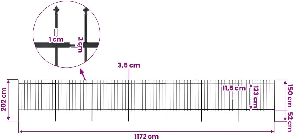 Zahradní plot s kopím nahoře ocelový 1172 x 150 cm černý 277635