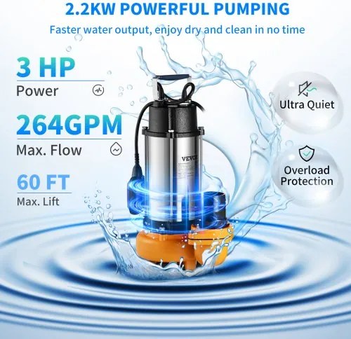 ponorné čerpadlo na vodu, 2200 W 60000 l/v, s 10 m
