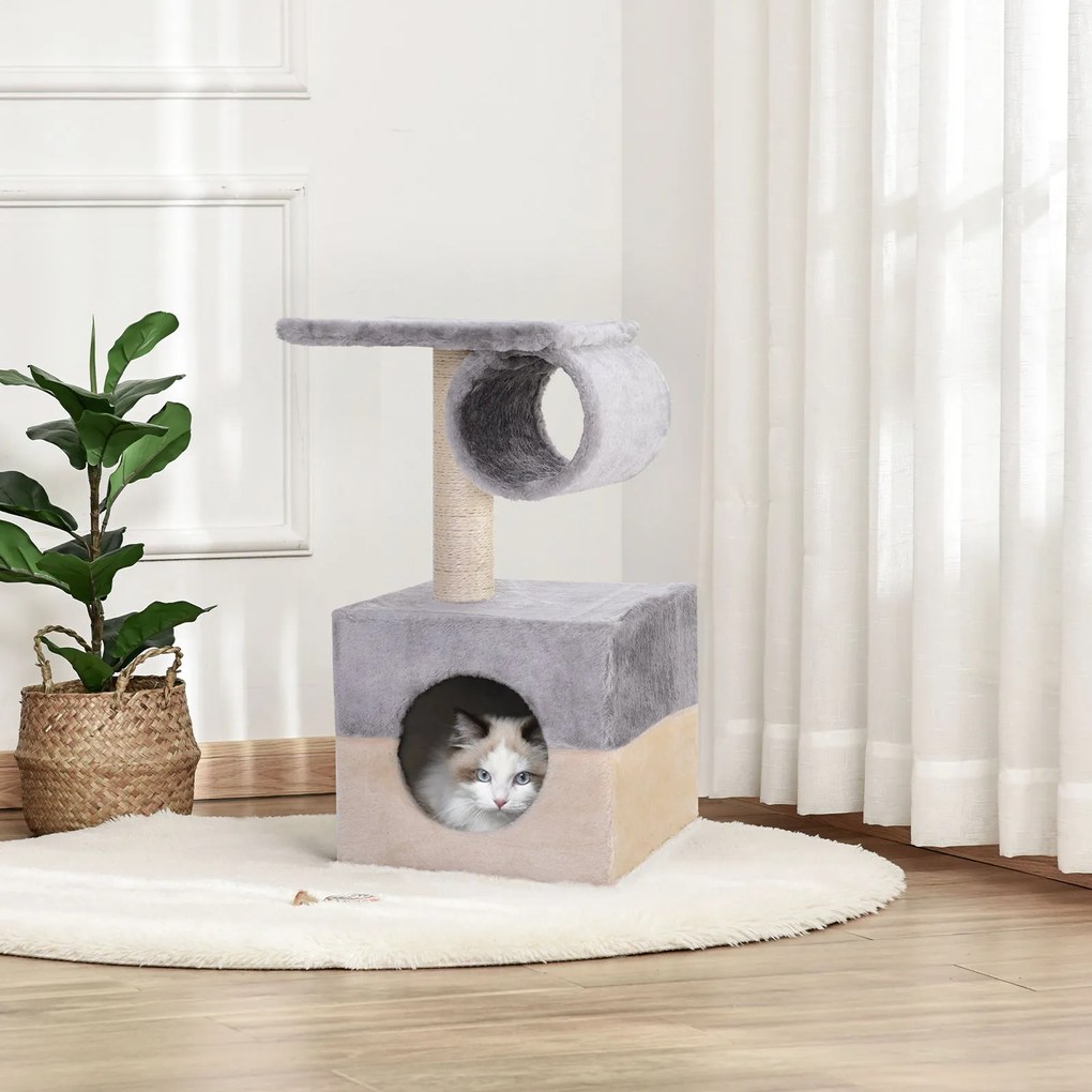 PawHut Kočičí škrabací strom 31x31x58 cm s centrálním sloupem, plyšová postel pro škrábání, spaní a hraní v šedé a béžové barvě | Aosom