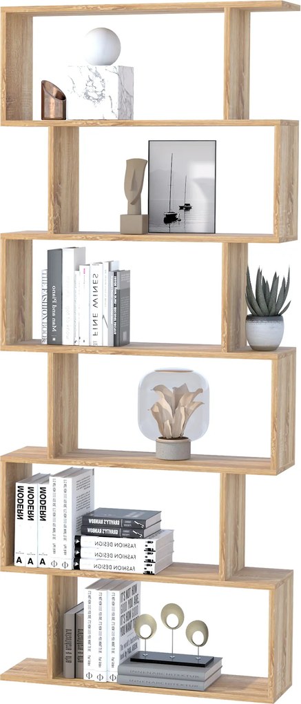 HOMCOM Knižní polička Zigzag v moderním designu 80Š x 23H x 192V cm, 6 úrovní, barva světlého dubu