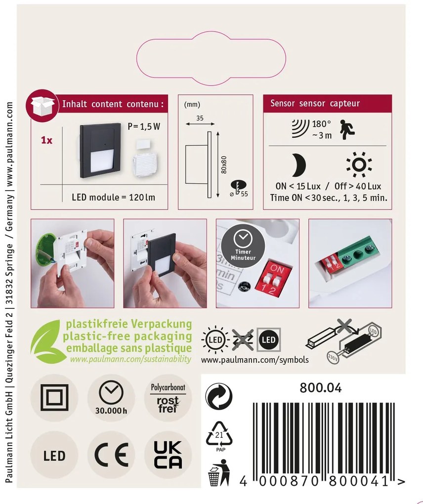 Paulmann 80004 Tsaro leader, svítidlo do stěny se senzorem, 1W LED 2700K, matná černá, 8x8cm