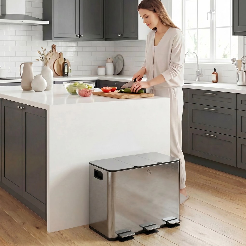 HOMCOM 3-komorový 20L kuchyňský pedálový koš se 3 tiše zavírajícími víky z nerezové oceli a PP, 61,9 x 36,6 x 56,7 cm, Stříbrná