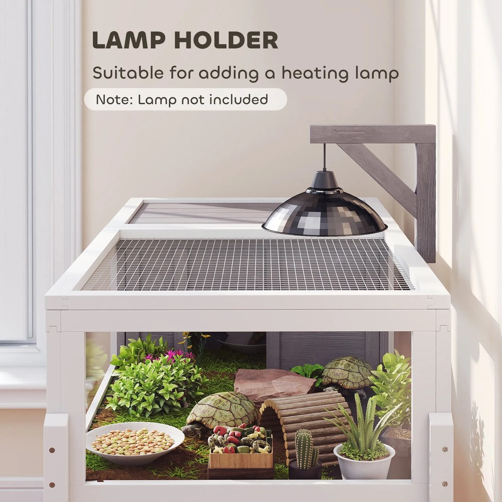 PawHut zvýšený dřevěný domek pro želvy – 2 zóny, držák na lampu, vysouvací zásuvka, šedý – 104 × 53 × 82 cm