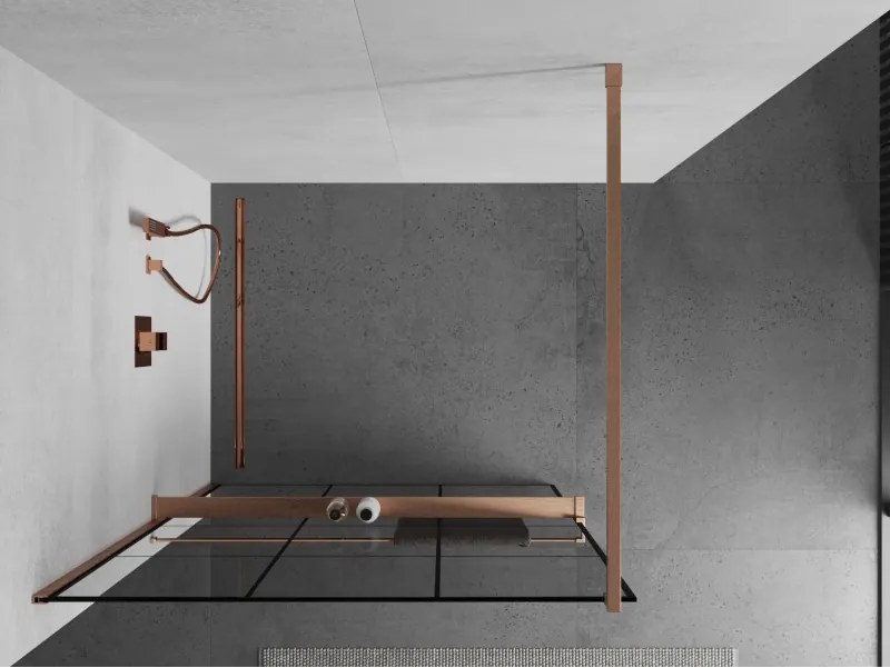 Mexen Kioto+, sprchová zástěna Walk-In s poličkou a věšákem 120 x 200 cm, 8mm čiré sklo černý vzor, ​​měděný matný profil, 800-120-121-65-77