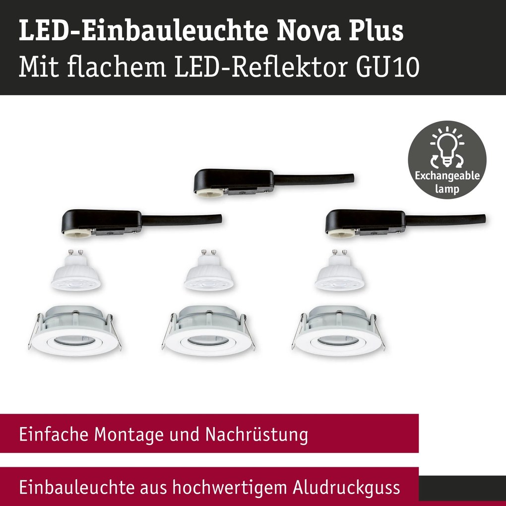 P 92416 LED vestavné svítidlo Nova Plus GU10 Flat IP65 93mm 3x4,9W 230V stmívatelné 2700K bílá mat - PAULMANN