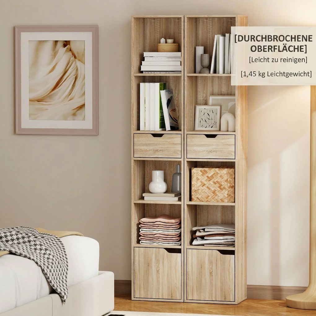 HOMCOM knihovna, úložný nábytek se zásuvkou, skříňkou a otevřenými přihrádkami, 30 x 24 x 158 cm, přírodní