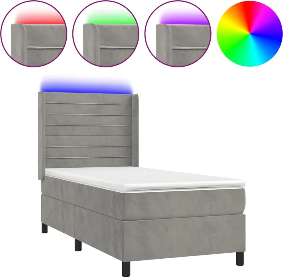 Box spring postel s matrací a LED světle šedá 80 x 200 cm samet 3139589