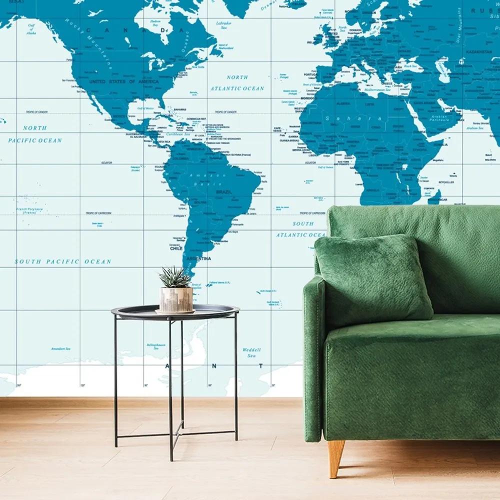 Samolepící tapeta politická mapa světa v modré barvě - 375x250 cm