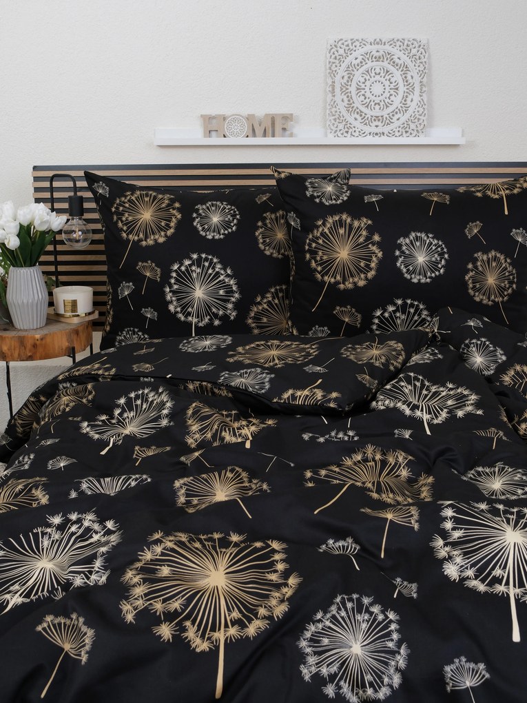 MK Lůžkoviny Saténové povlečení - Pampelišky černé 140 × 200 cm, 70 x 90 cm
