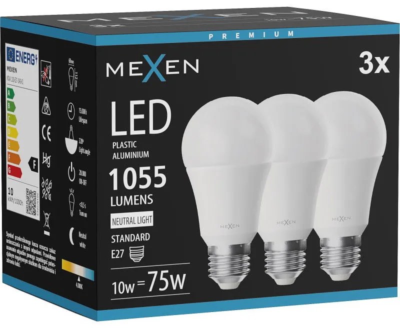 Mexen Nova 3x Žárovka LED E27, A60, 10W, Neutrální - 4000K, 1055 lm - L100-E27-1040-01x03