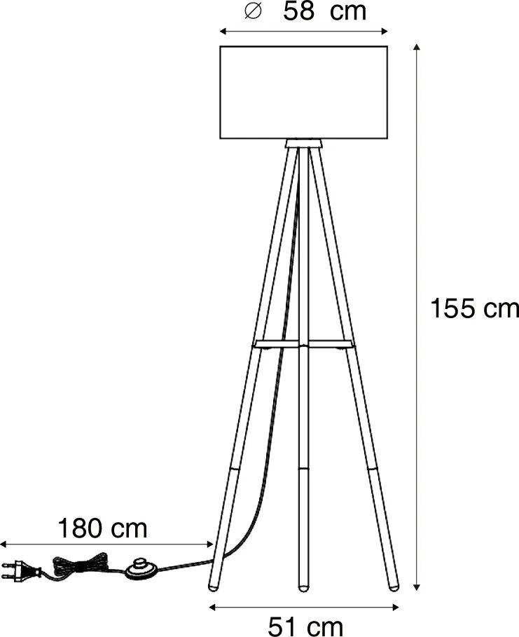 Stojací lampa na trojnožce dřevěná s béžovým stínidlem z teddy látky 50 cm - Lou