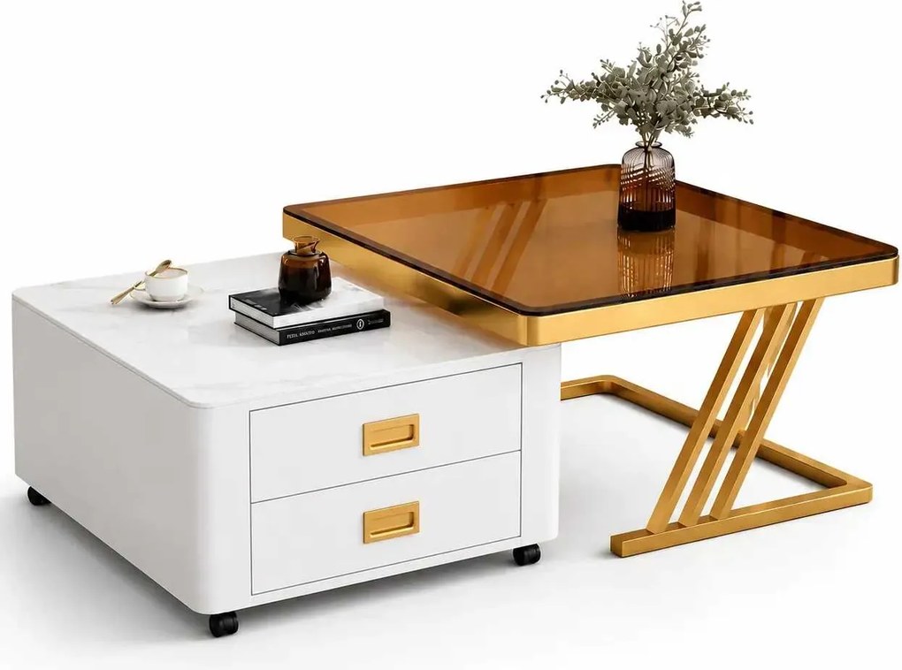 LuxuryForm DESIGN Konferenční stolek BOLT 70 × 70 / 60 × 60 cm – bílý / zlatý (set 2 ks)