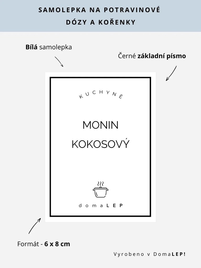 Samolepka na láhev MONIN KOKOSOVÝ 6 x 8 cm – bílá vinylová, voděodolná, omyvatelná samolepka na dózy, základní písmo