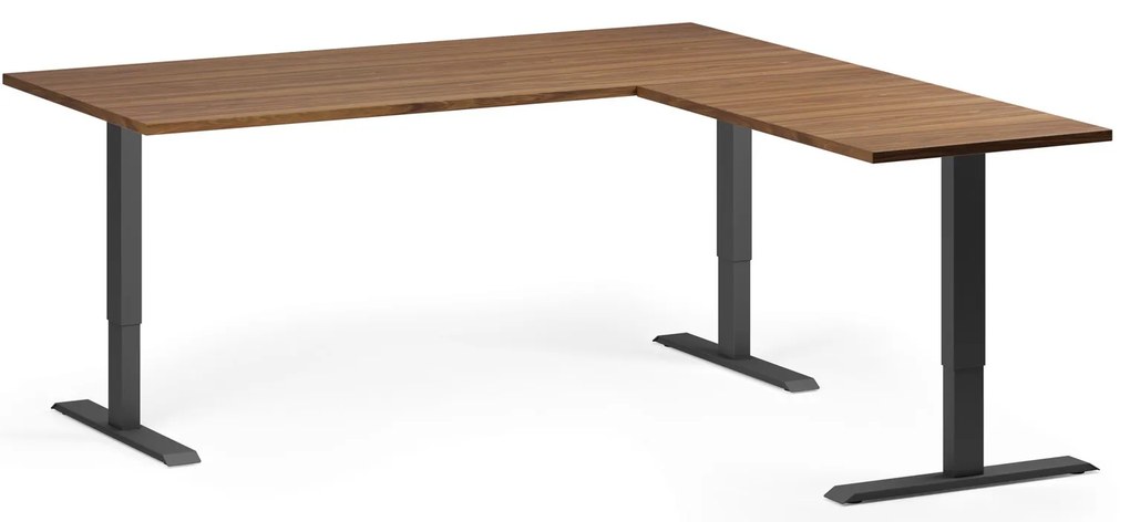 Rohový výškově nastavitelný stůl, 180x180 cm, 3 motory, L/P, černá podnož, ořech