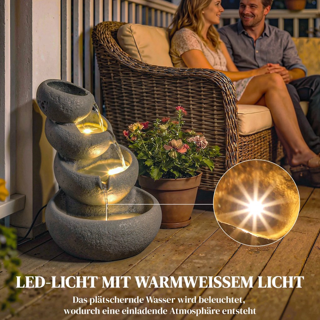 Venkovní fontána ze syntetické pryskyřice 4-stupňová zahradní fontána s LED osvětlením čerpadlo vzhled kamene 35 x 32 x 50 cm